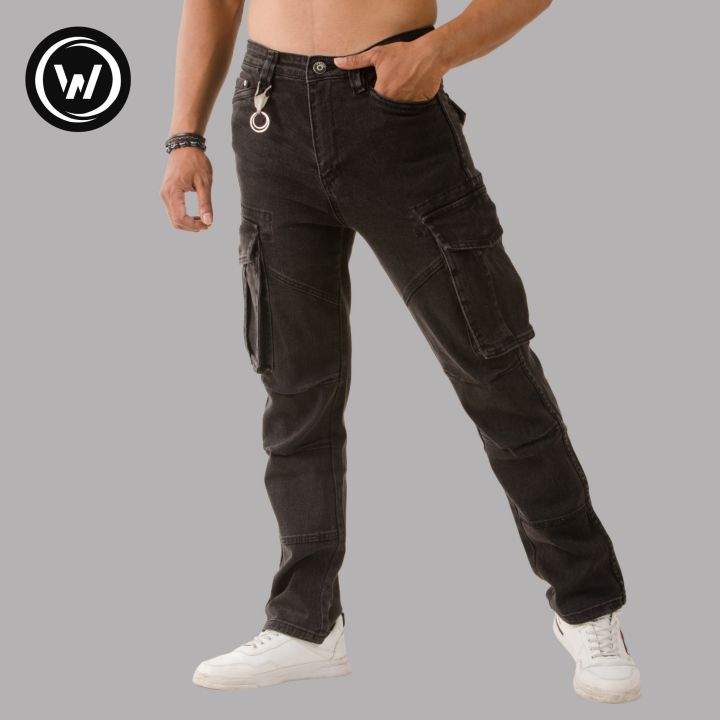 Wraon Dark Grey Baggy Stretchable Fancy Denim Cargo Box Pant For Men ...