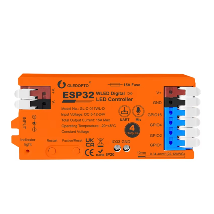 GLEDOPTO ESP32 WLED Controller with 4 Outputs 15A Fuse Mic Sound ...