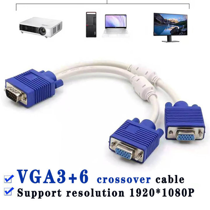 1 male to 2 female VGA split screen cable 1 Computer Dual 2 Monitor ...