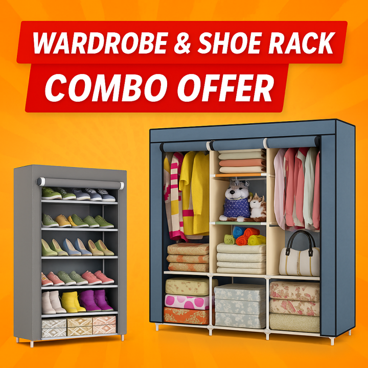 Foldable Fabric Wardrobe Closet Organizer + 6-Layer Shoe Rack ...