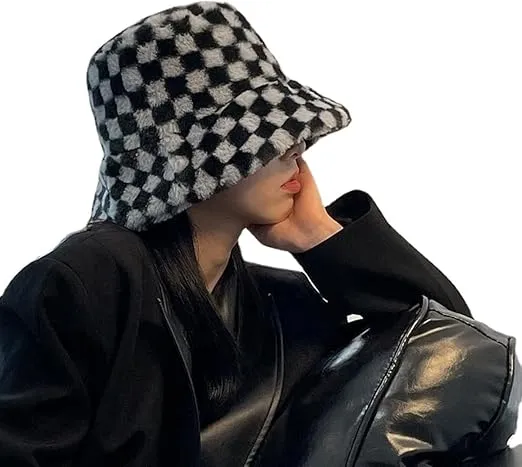 ANX Aesthetic Fuzzy Hat for Women Fuzzy Grid Hat Furry Bucket Hat ...