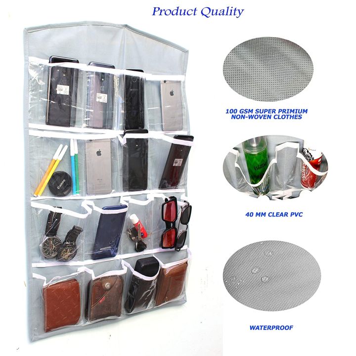 16 Clear Pockets Hanging Organizer Bag Storage Organiser 5X45 cm (Grey ...