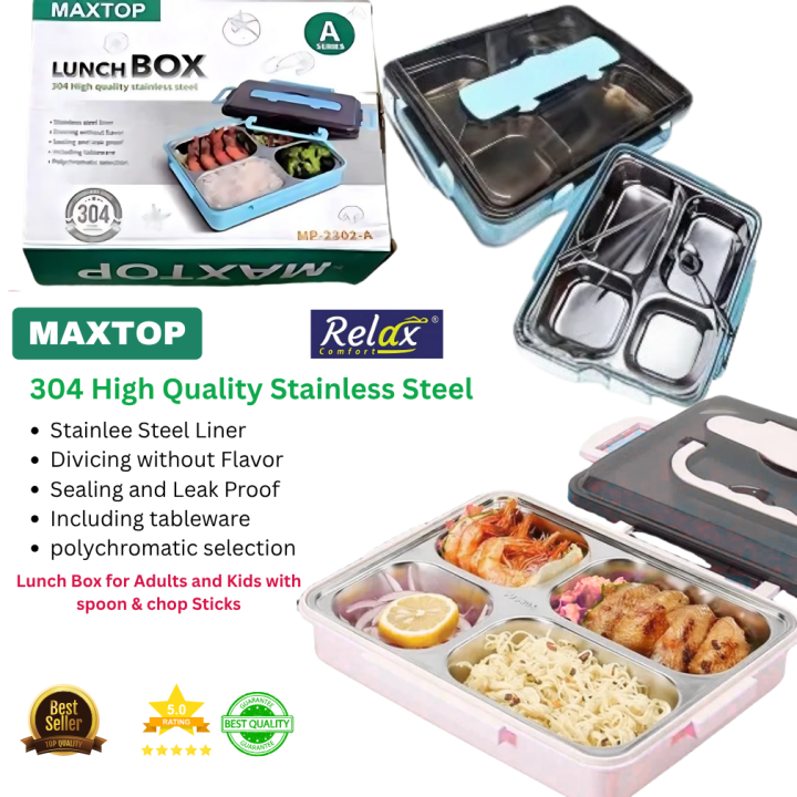 MAXTOP Stainless Steel Lunch Box – 4 Compartment Tiffin Box with Spoon ...