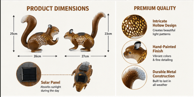 Handcrafted Solar Squirrel Garden Light Set Decorative Metal Outdoor ...