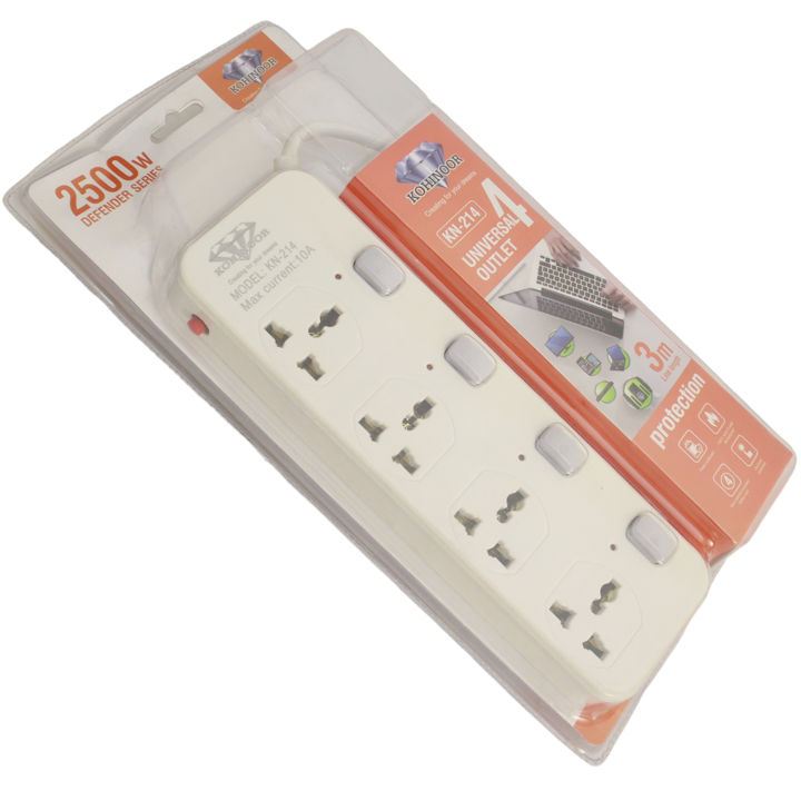 KOHINOOR Surge Protector 100% Copper Accessories 4 Port 2500W (10A) 3 ...