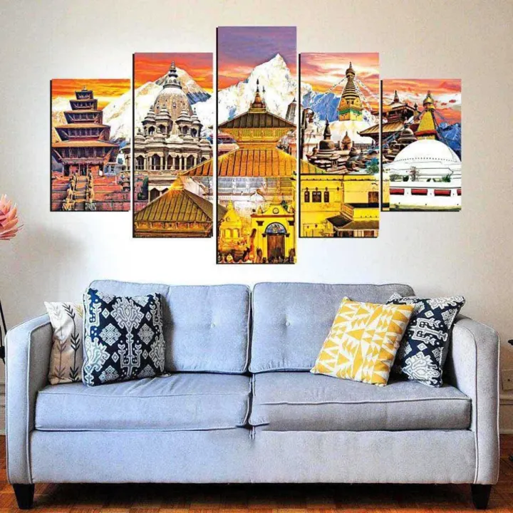 5 Panel Renownes Temple of Nepal Wall Hang Canvas Print With Wooden ...