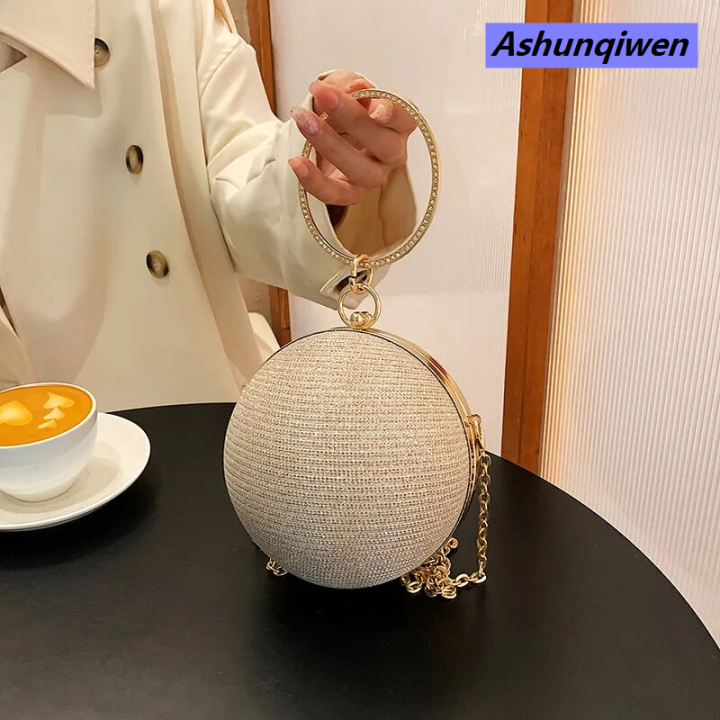 Ashunqiwen Circular Ring Portable Evening Bags Metal Sliver Round Ball ...