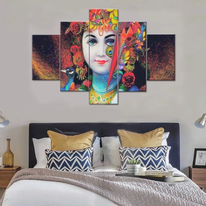 5 Panel Krishna Canvas I Cotton High Texture Cloth l Comes with Wodden ...