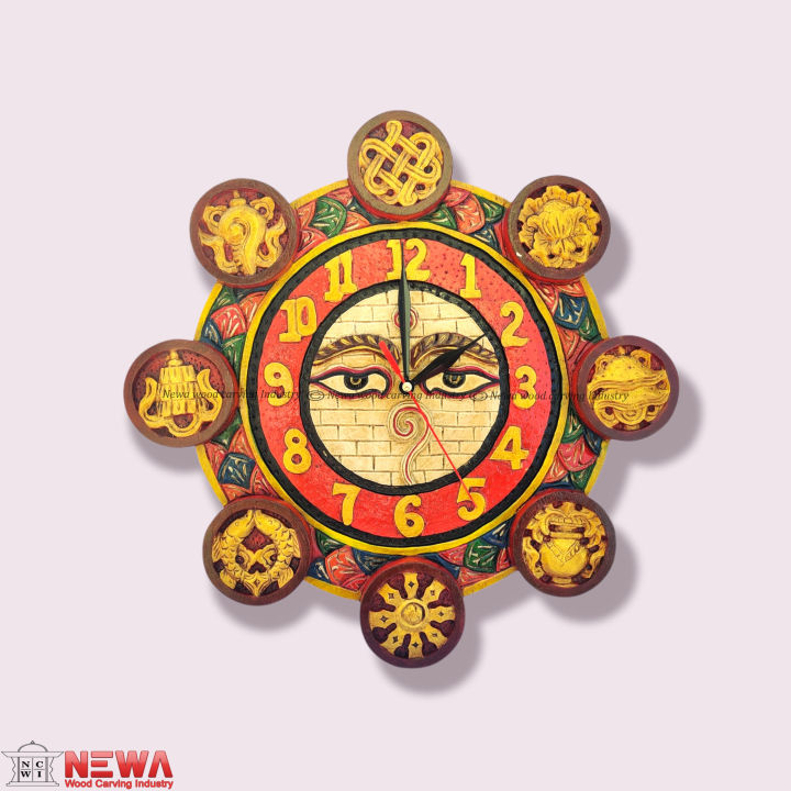 Wooden Big Good Luck Clock Asta Mangal Round Carved and Swayambhu Eye ...