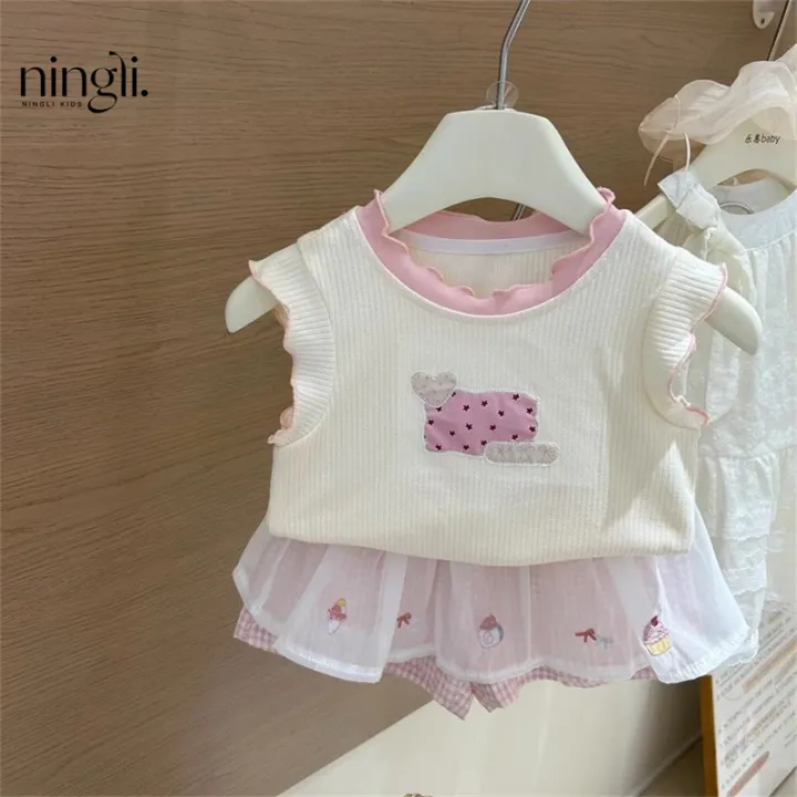 【Lemon】2025 Summer Girls Off-White Vest Pink Plaid Lace Pants Baby ...