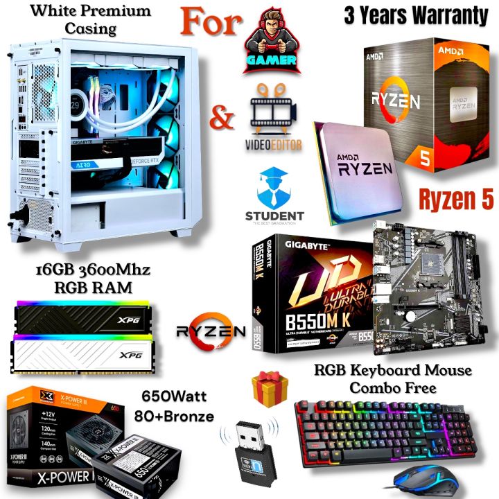 White Gaming PC Full Setup Ryzen 5 5600GT, White Gaming Casing, 16GB ...
