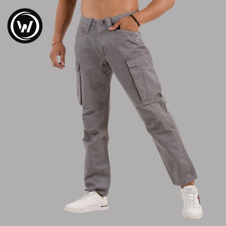 Wraon Grey Solid Premium Cotton Twill Fancy Cargo Box Pant For Men ...