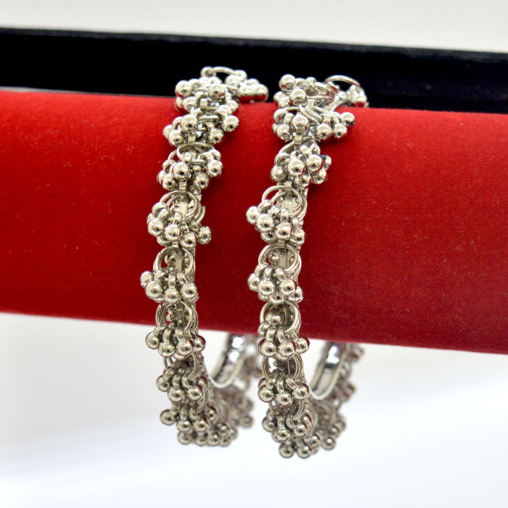 Jewels of Nepal Beads Tasseled Silver Toned Metal Bangles / Bala for ...