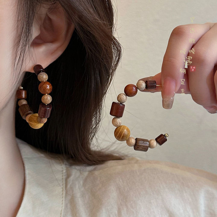 New Chinese retro wooden round beaded C-shaped earrings for women niche ...