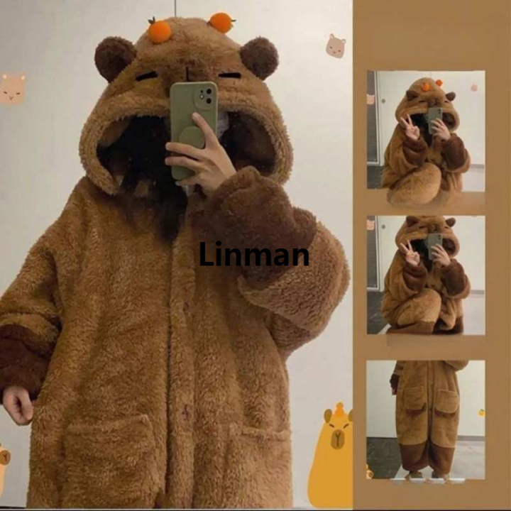 Miniso Kawaii Capybara Winter Warm Pajama Animal Soft Plush Jumpsuit ...