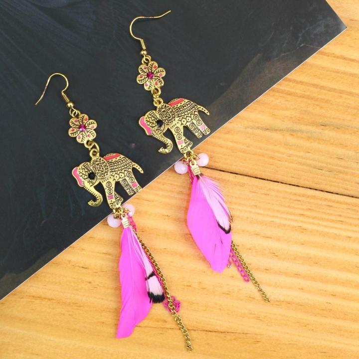 Golden Elephant Design Drop Feather Earring | Daraz.com.np