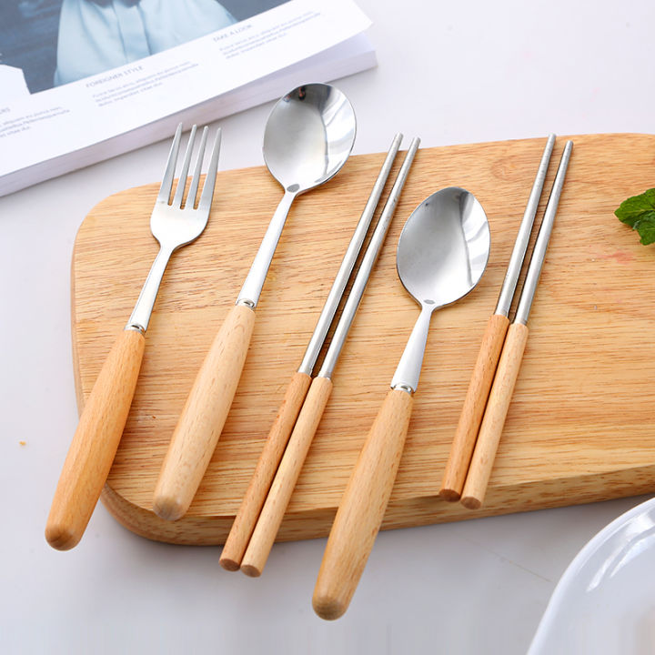 Fork Tableware Wooden Western Fruit Tableware Chopsticks Stainless ...
