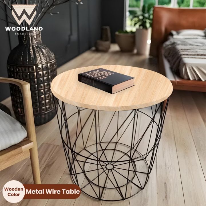 Vylon METAL WIRE REMOVABLE WOOD TOP FOLDABLE ROUND COFFEE SIDE TABLE ...