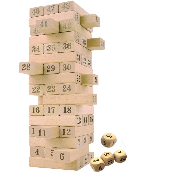 48 Pcs Blocks 4 Dices Wooden Number Jenga Tumbling Stacking Building ...