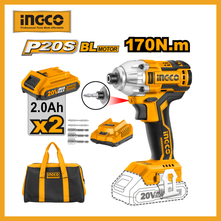 INGCO 20V Brushless Lithium-Ion Impact Driver with 2Pcs 2.0Ah Battery ...
