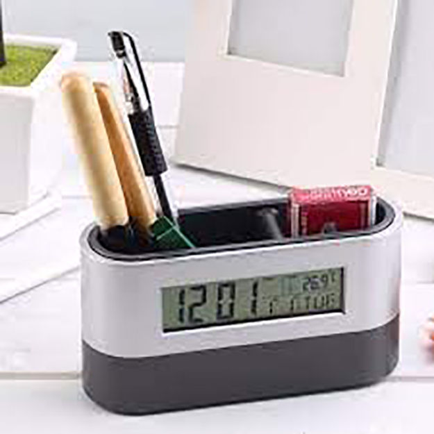 Oval Desk Clock Stand With Clock Pen Holder Time Alarm Snooze Calendar ...