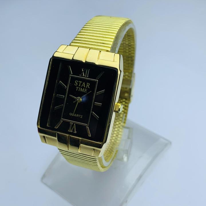 New Rectangular Shape Black Dial Gold Stainless Steel Strap Casual ...