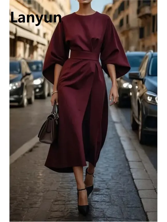Lanyun Spring Fashion Solid Color Long Dresses 2025 Woman Round Neck ...