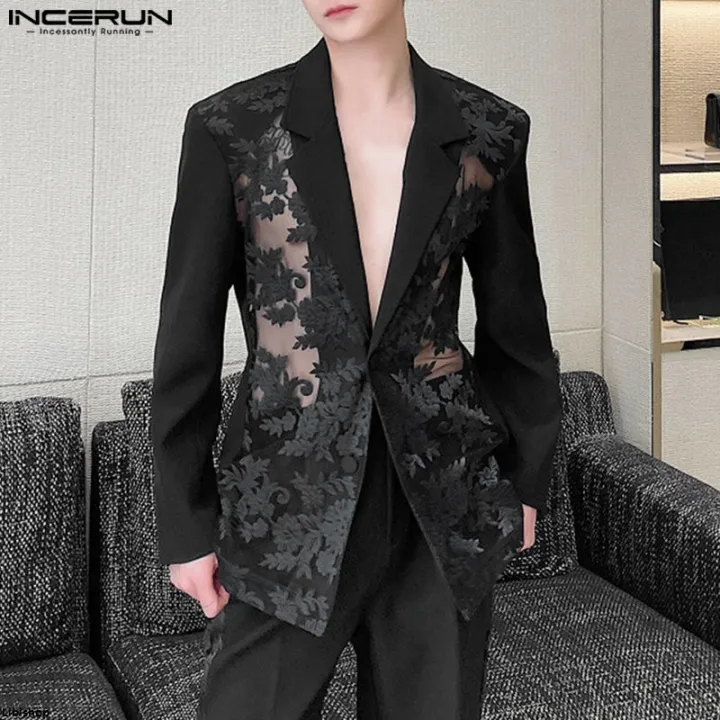 LibishopLuxury INCERUN Men Blazer Mesh Patchwork Lace Transparent Lapel ...
