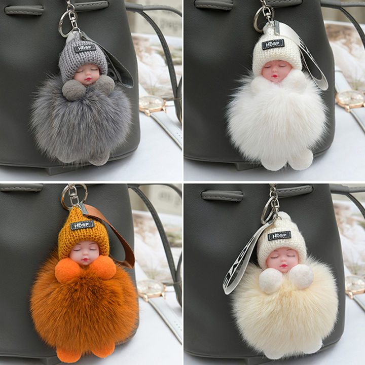 DUJU Pompom Sleeping Baby Keychain Cute Fluffy Plush Doll Keychains ...