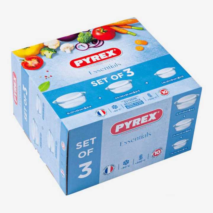 Pyrex Microwave & Oven Safe Glass Round Casserole Set Of 3 With Lid (1. ...