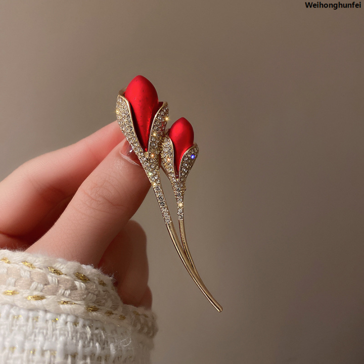 Weihonghunfei2024 Crystal Red Color Two Tulip Flower Brooch For Women ...