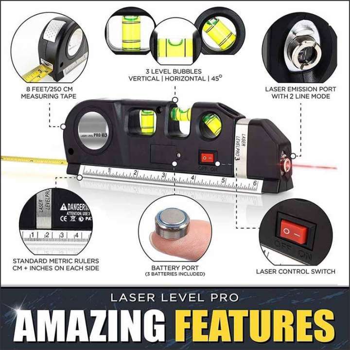 Laser Level Meter Pro 3 Leveller Black 2 Line Measuring Tape ...
