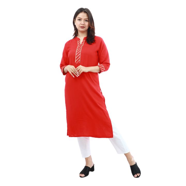 Bisesh Creation Red Slub Gota Laced Kurthi With Front Button | Daraz.com.np