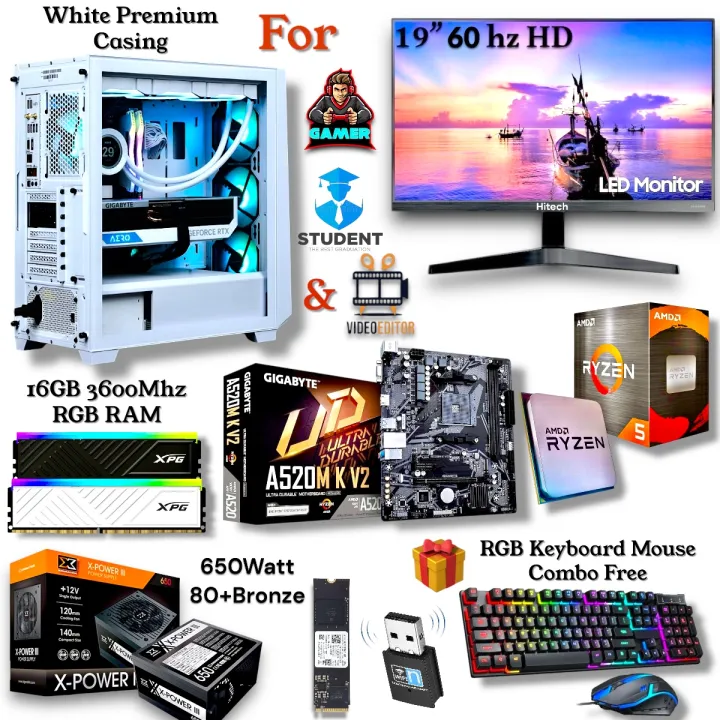 White Gaming PC Full Setup Ryzen 5 5600GT, Pairs With 19" 60hz Monitor, White Gaming Casing ...