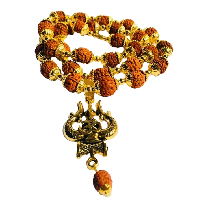 Shiva Trishul Damru Rudraksha Pendant with Gold Plated Rudraksha Mala ...