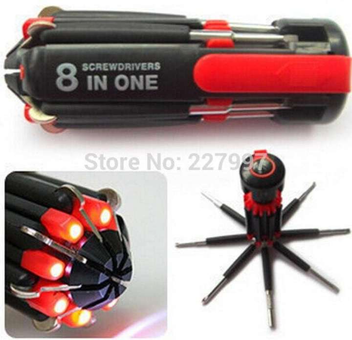 8 in 1 Multifunction Screw Driver Kit- 6 LED Torch Light Tools Set ...