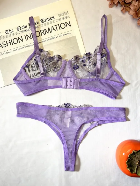 suit bra delicate embroidery fairy sheer lace lingerie purple ladies ...