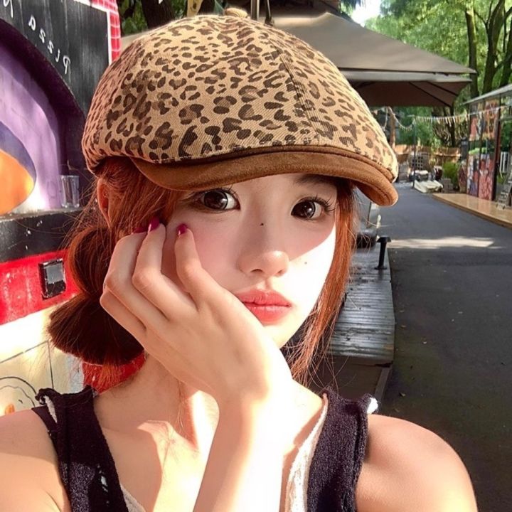 Fashion Vintage Leopard Print Beret Flat Y2k Leopard Newsboy Cap ...
