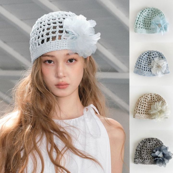Retro Handmade Crochet Flower Hat Thin Beanies Hat Ethnic Style ...
