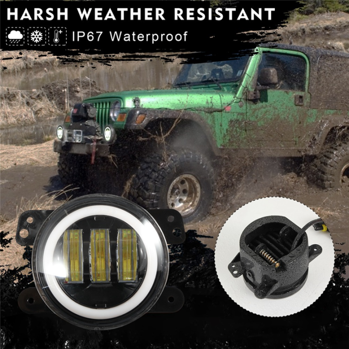4 Inch LED Fog Lights Halo Ring Work Light for JK, with Red DRL Yellow ...