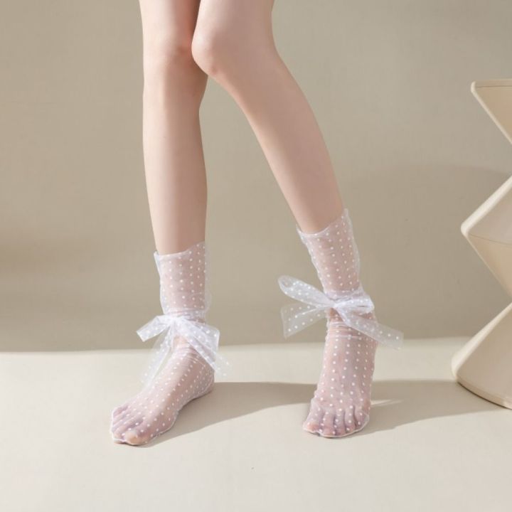 Sweet Tulle Mesh Tulle Bow Short Socks Sheer Quick Dry Lace Dot Middle ...