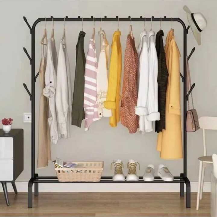 Coat Rack And Clothes Hanger Stand With Side Hooks And Bottom Shelves ...