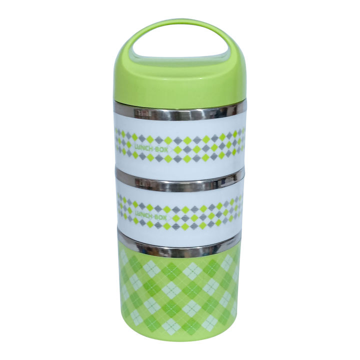 Green Color Steel Lunch Box With Three Compartment And Printed Design ...