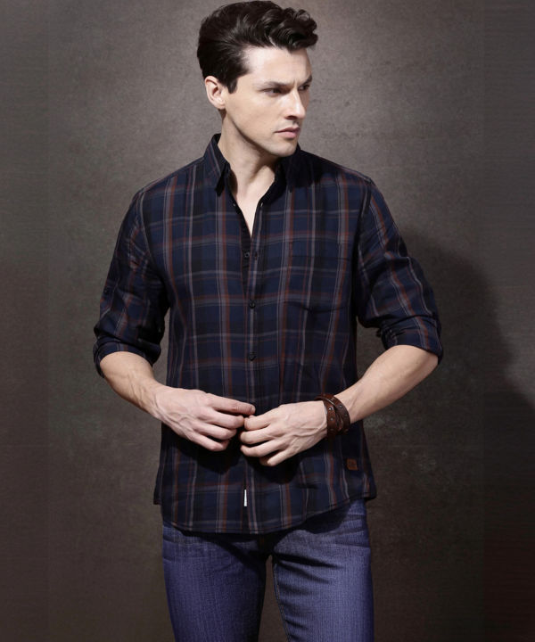 Fabdale Men’s Navy Blue & Black Checkered Cotton Casual Shirt | Regular ...