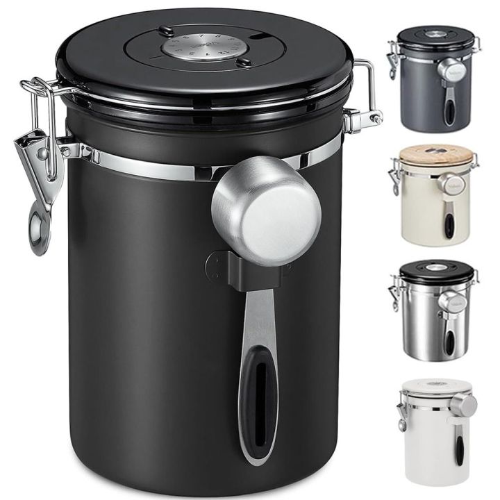 Portable Stainless Steel Airtight Coffee Canister Measuring Scoop Date ...