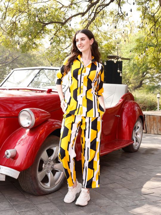 Fabdale Yellow Block Print Crepe Co-ord Set | Casual Western Wear (SHAS ...
