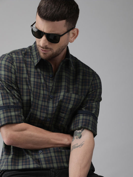 Fabdale Men’s Navy Blue & Dark Green Checkered Cotton Casual Shirt ...