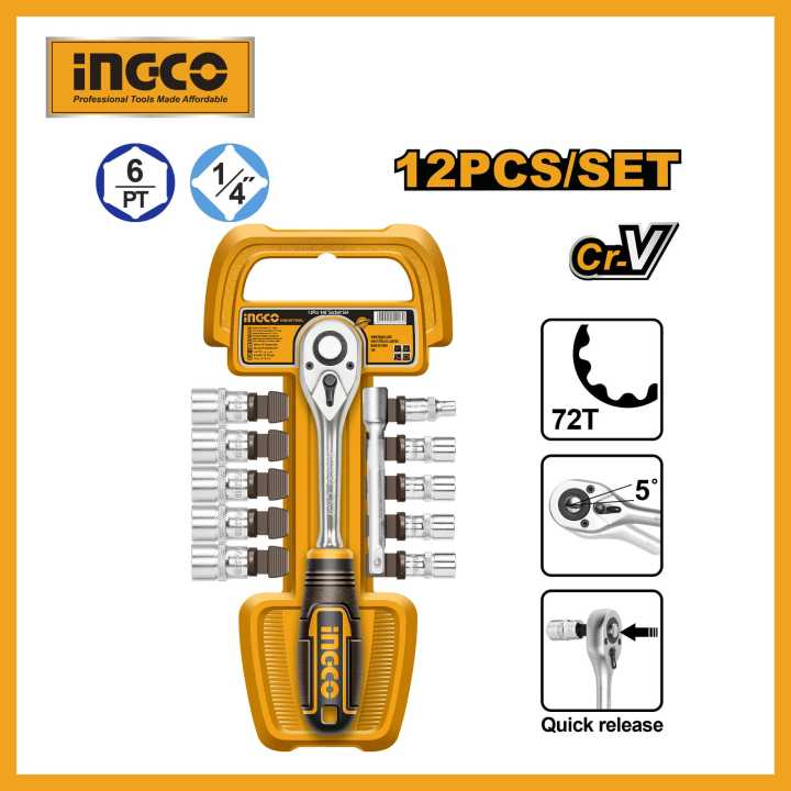 INGCO 12 Pcs Cr-V 1/4" socket set With three-color soft handle ...