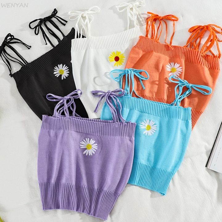 WENYAN Embroidered Daisy Cami Tops Tie Strap Knit Camisole Women ...