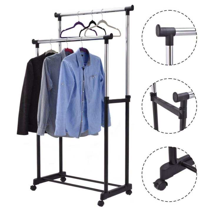 Double Rolling Rail Adjustable Portable Clothes Garment Rack Hanger ...